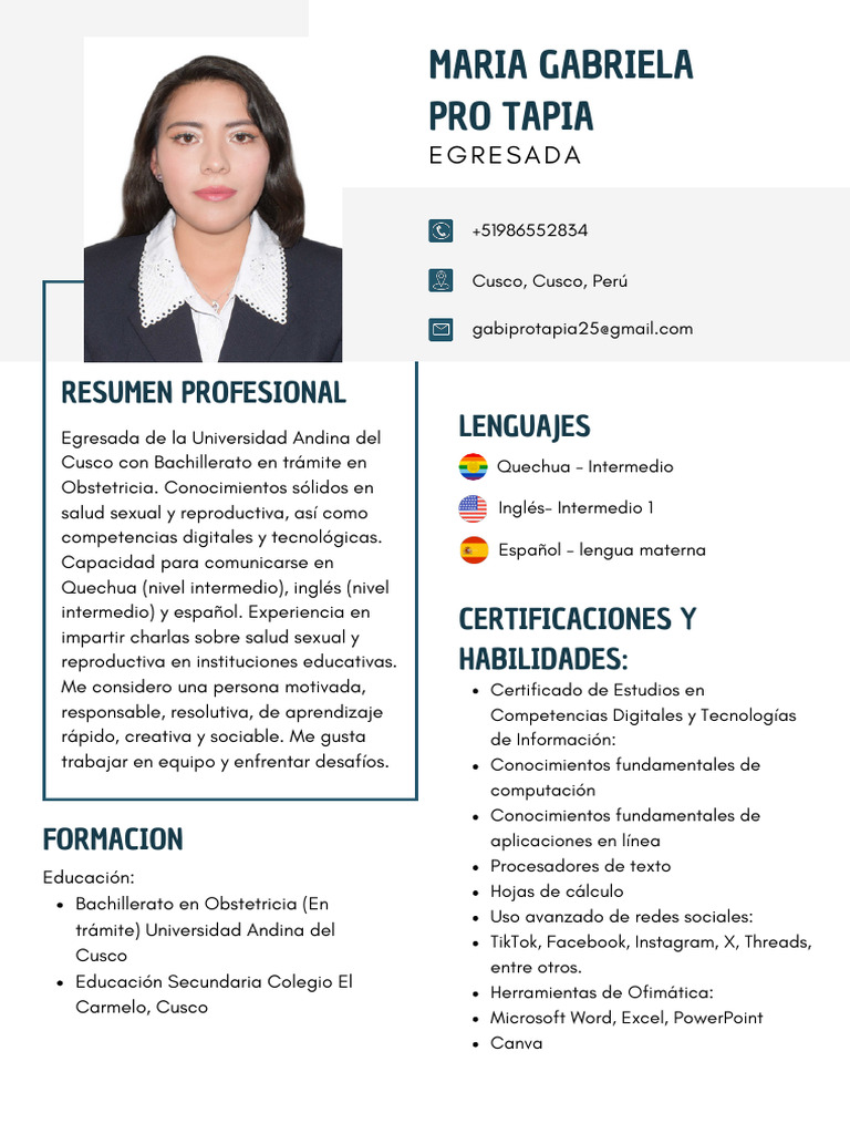 Curriculum Vitae Maria Gabriela Pro Tapia | Descargar gratis PDF | Partería