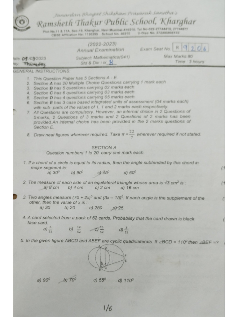 RTPS Annual Exam Mathematics Paper | PDF