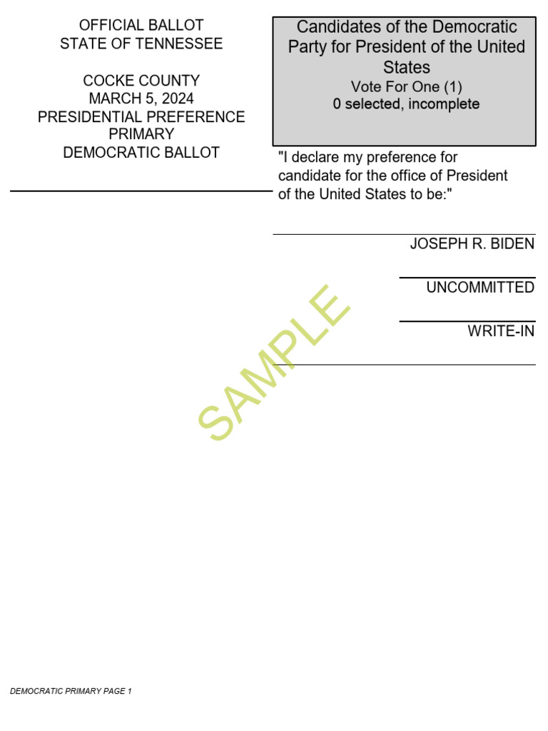 Cocke County Democratic Primary Ballot | PDF