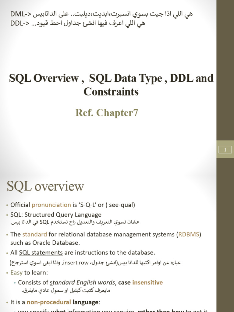 Sql Overview Sql Data Type Ddl And Constraints Ref Chapter7 Pdf Relational Database Sql