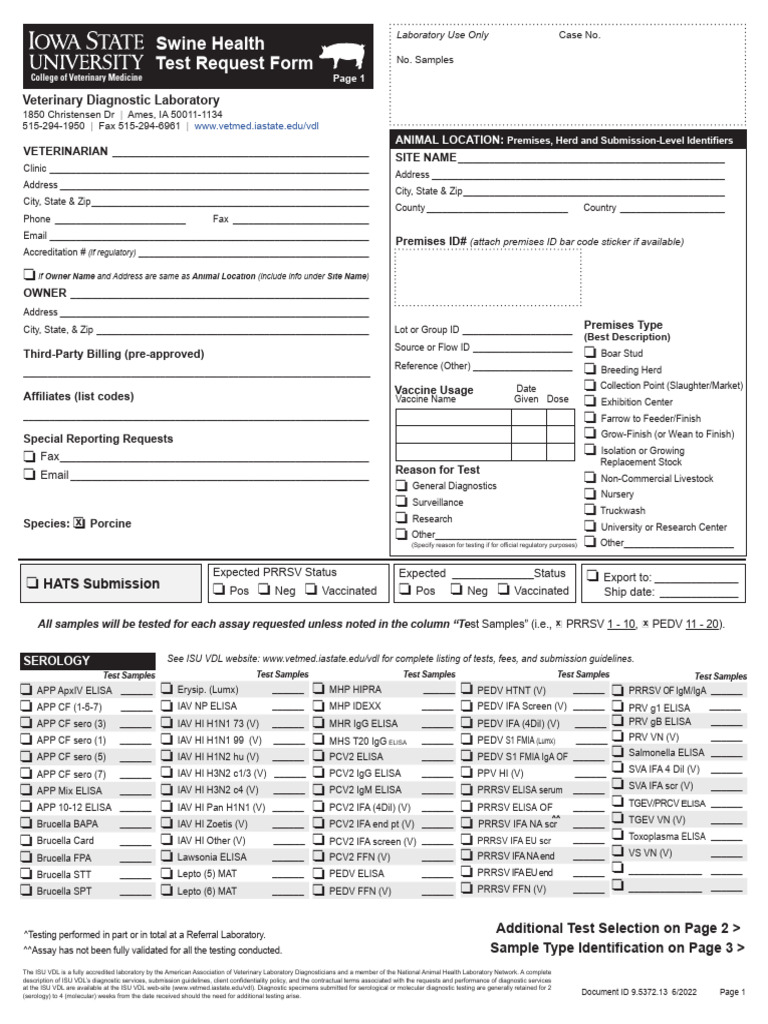 Swine Health Test Request Form | PDF | Serology | Pig
