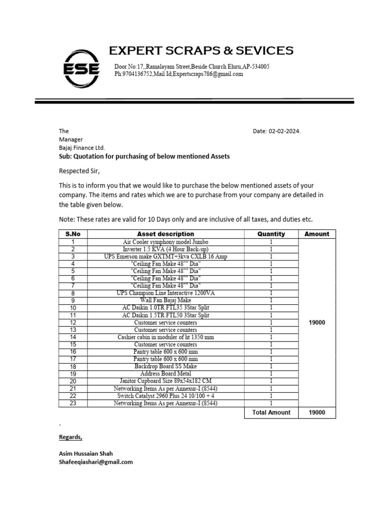 Scrap Purchase Quotation Sample | PDF