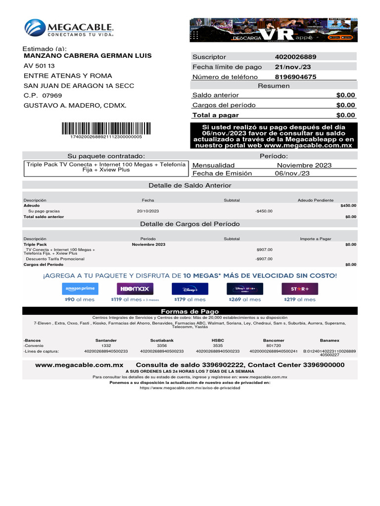 Megacable Noviembre | PDF | Empresas | Venta al por menor