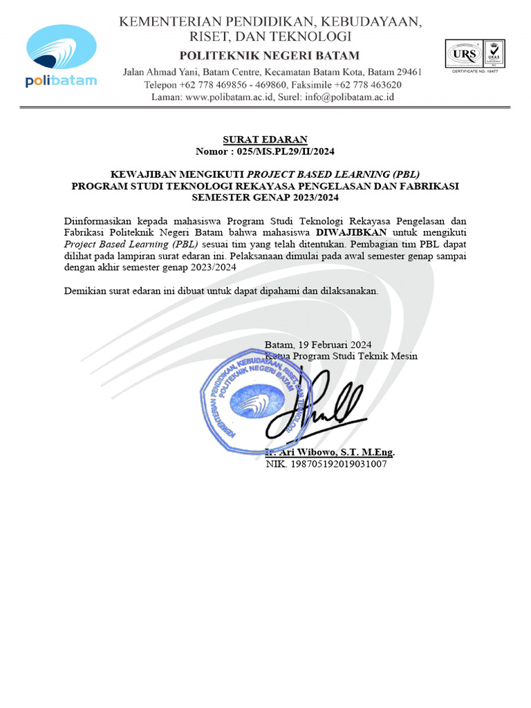 025 Surat Edaran PBL Welding | PDF