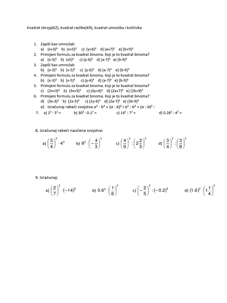 Kvadrat Zbroja I Razlike, Kvadrat Umnoška I Količnika, 8.r | PDF