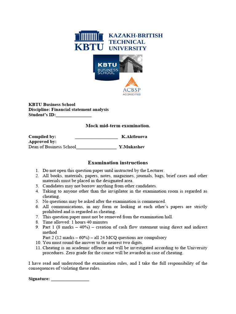 Mock Mid-Term Exam FSA - Bachelor | PDF | Financial Statement | Financial Accounting