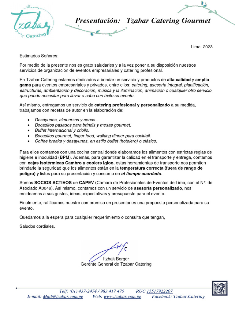 Carta de Presentacion Tzabar Catering Gourmet 2023 | PDF | Comida y bebida