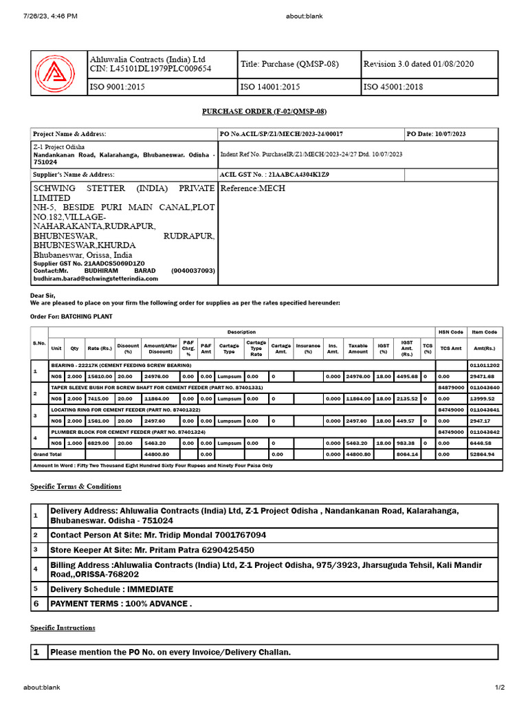 Purchase Order for Schwing Stetter Supplies | PDF | Economies | Government