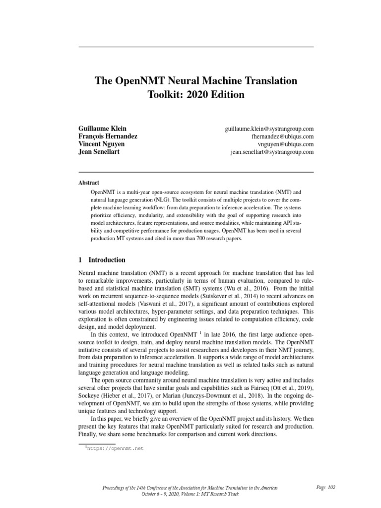 Klein & Als, The OpenNMT Neural Machine Translation Toolkit 2020 Edition (ProcMachTransl 14th ...