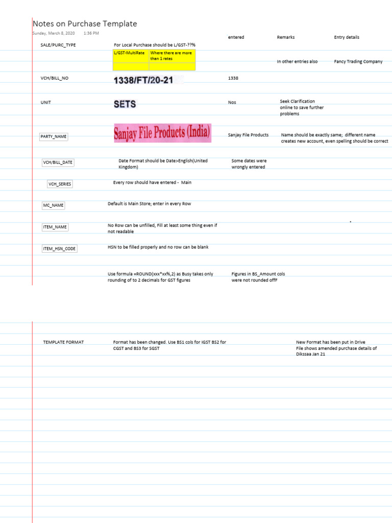 Commom Errors in Busy Purchase Template Entries | PDF