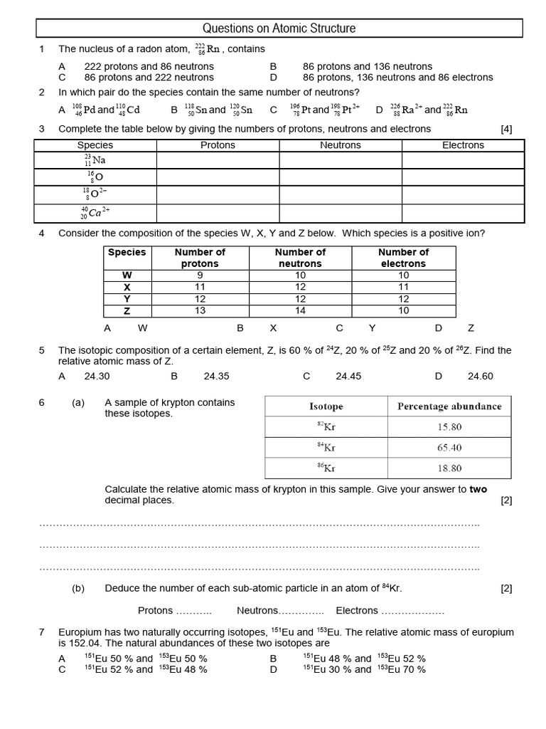 HL Atomic Structure Questions 1 | PDF | Isotope | Neutron