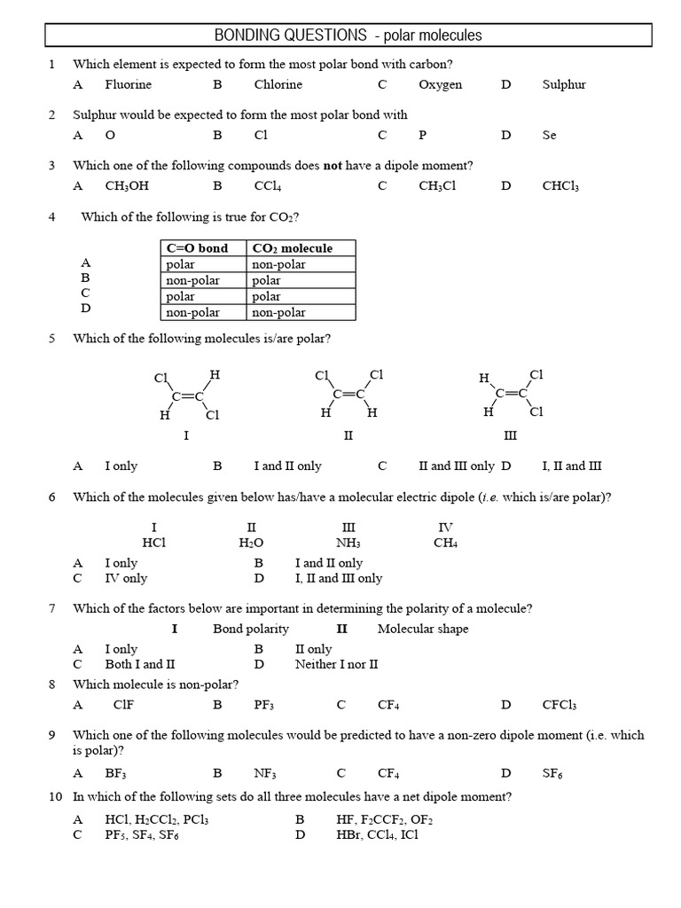 Polar Molecules and Bonding Questions | PDF | Chemical Polarity | Chlorine