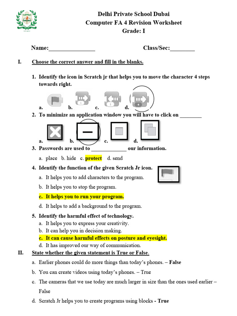 Grade 1 Computer FA4 - Answer Key | PDF