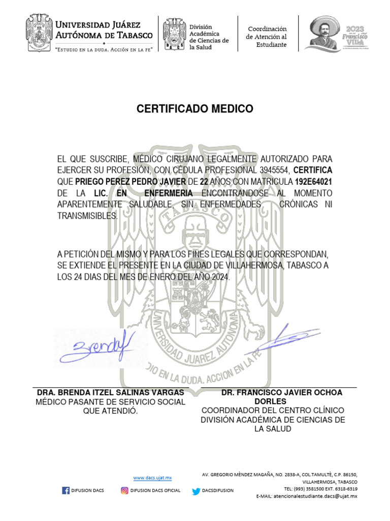 Ejemplo - CERTIFICADO MEDICO | PDF