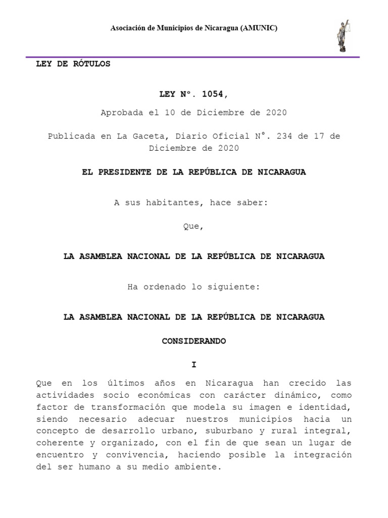 LEY 1054 Ley de Rótulos | PDF | Nicaragua | Impuestos