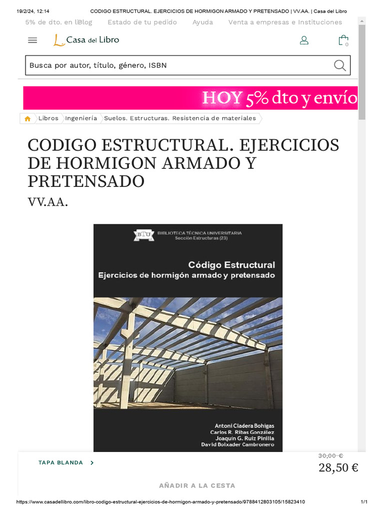Codigo Estructural. Ejercicios de Hormigon Armado y Pretensado - VV - Aa. - Casa Del Libro | PDF