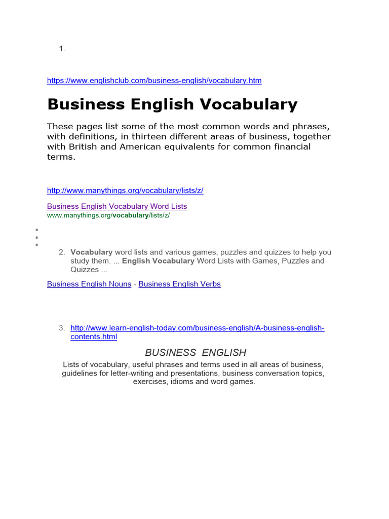 Business English Vocabulary Resources | PDF | English Language | Vocabulary