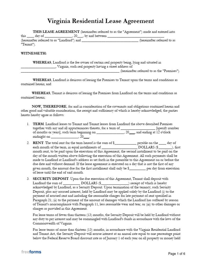 Virginia Residential Lease Agreement | PDF | Leasehold Estate | Lease