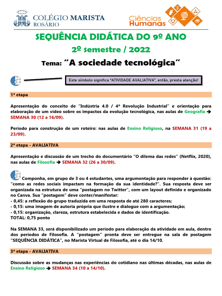 SEQUÊNCIA DIDÁTICA - 2º Semestre - 9º Ano 2022 - CARTAZ MV | PDF