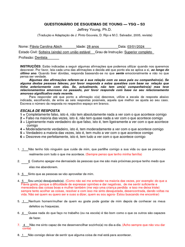 Questionário de Esquemas de Young - YSQ - S3 - RESPONDIDO | PDF | Amor | Dinheiro