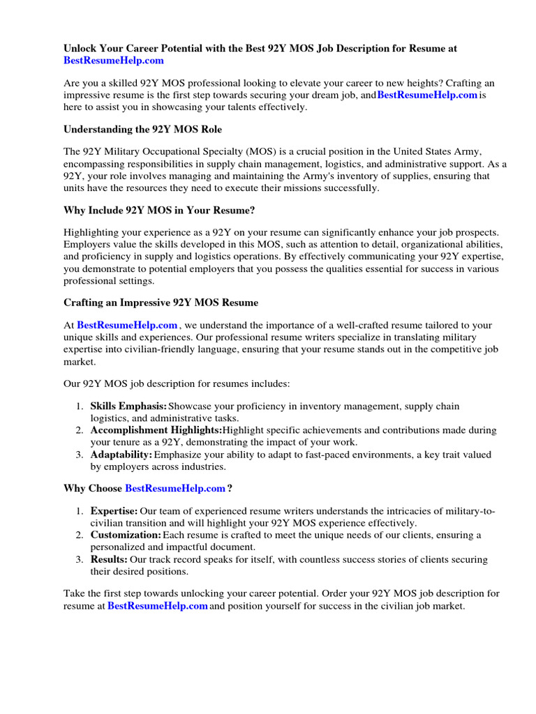 92Y Mos Job Description For Resume | PDF | Résumé | Soldier