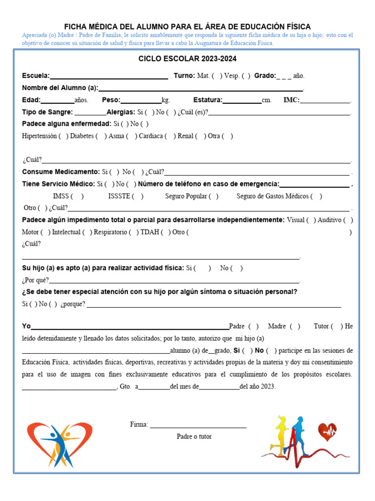 Ficha Médica Del Alumno en EF | PDF | Medicina CLINICA | Cuidado de la salud