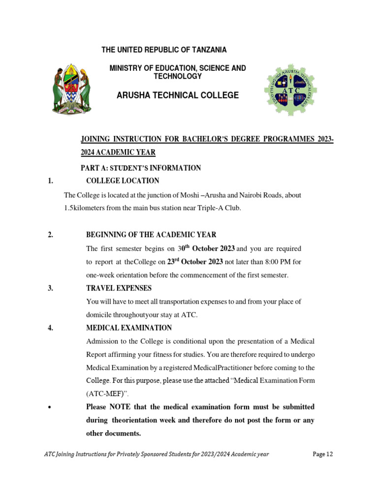 Arusha Technical College: The United Republic of Tanzania Ministry of ...