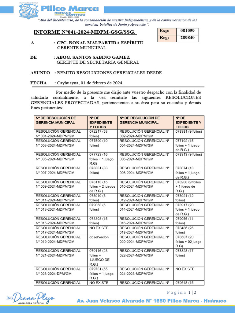 Informe #041 Remito Resoluciones Gerenciales | PDF