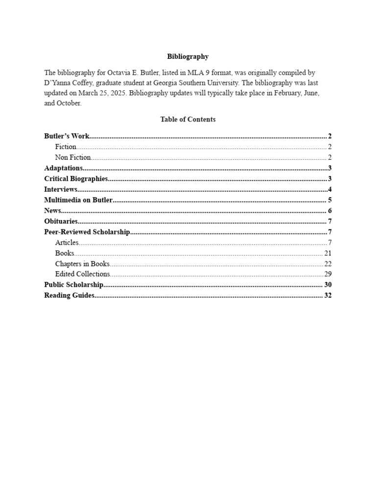 Octavia E. Butler Bibliography | PDF | Octavia E. Butler