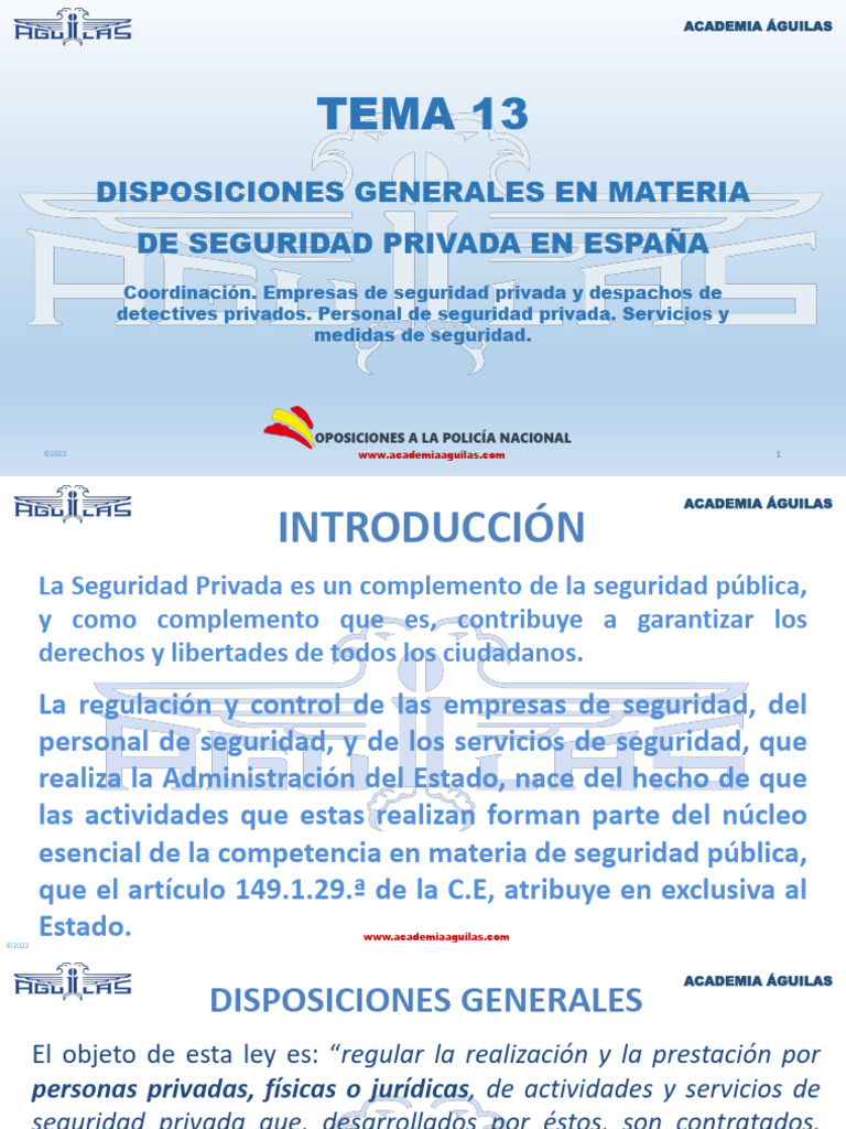 TEMA 13. Disposiciones Generales en Materia de Seguridad Privada en España | PDF