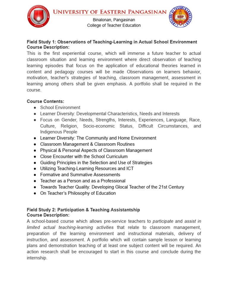 Field Study and Internship Guide for Teachers | PDF | Teachers ...