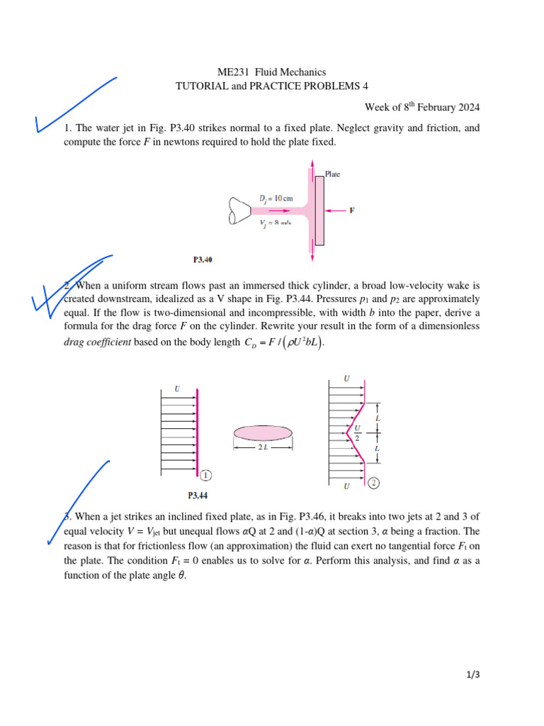 Fluid Mechanics Tutorial Problems | PDF | Force | Fluid Dynamics