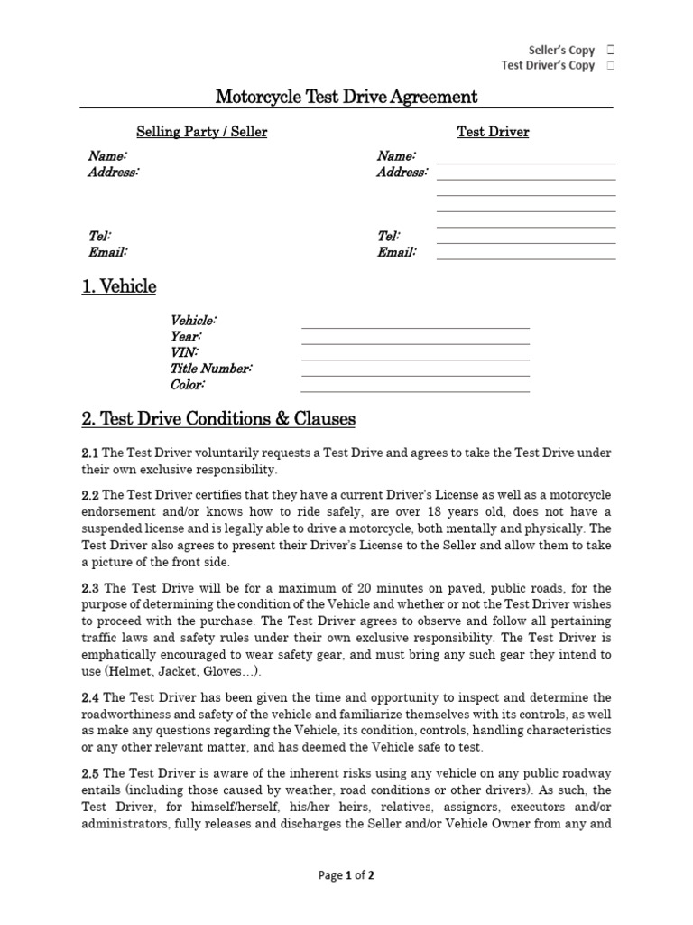 Generic Motorcycle Test Ride Agreement | Download Free PDF | Legal ...