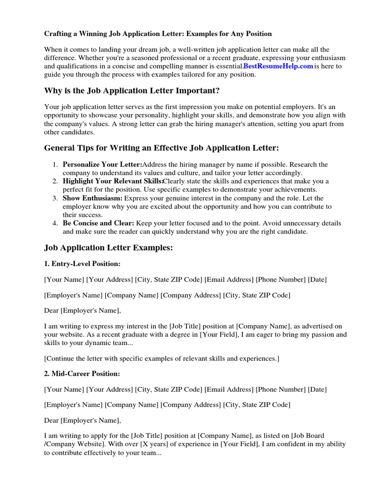 Job Application Letter For Any Position Examples | PDF | Résumé ...