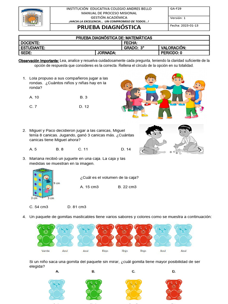 Prueba Diagnóstica Matemáticas 3° Primaria | PDF