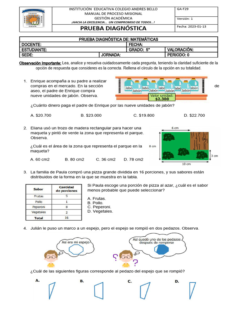 Prueba Diagnostica de Matematicas Grado 5 - 2024 | PDF