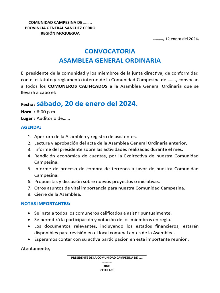 Modelo de Convocatoria A Asamblea General Ordinaria Comunidades Campesinas | PDF