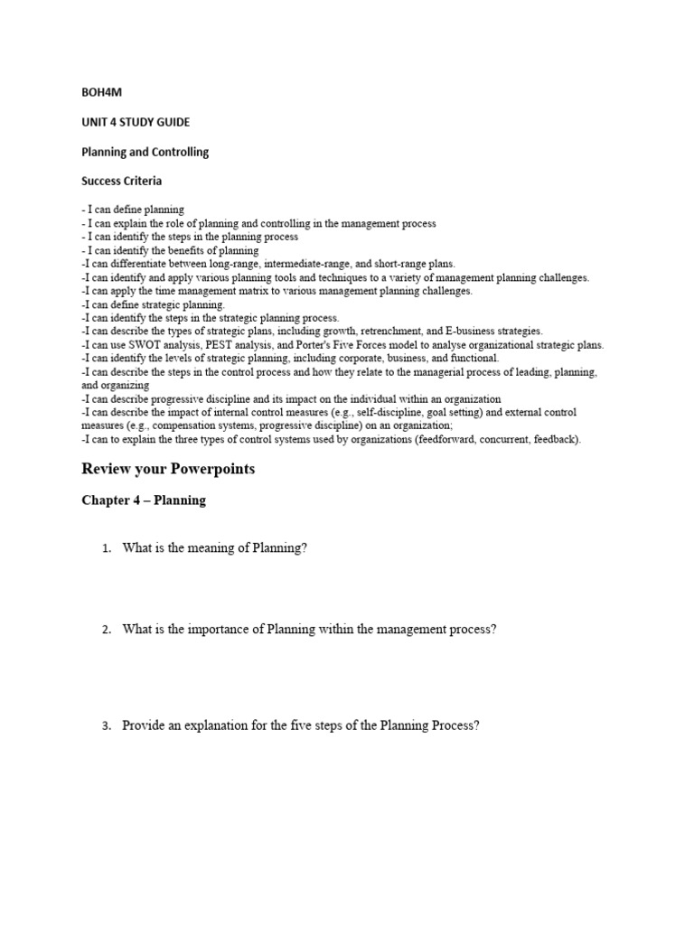 BOH4M Study Guide Unit 4 | PDF | Strategic Management | Strategic Planning