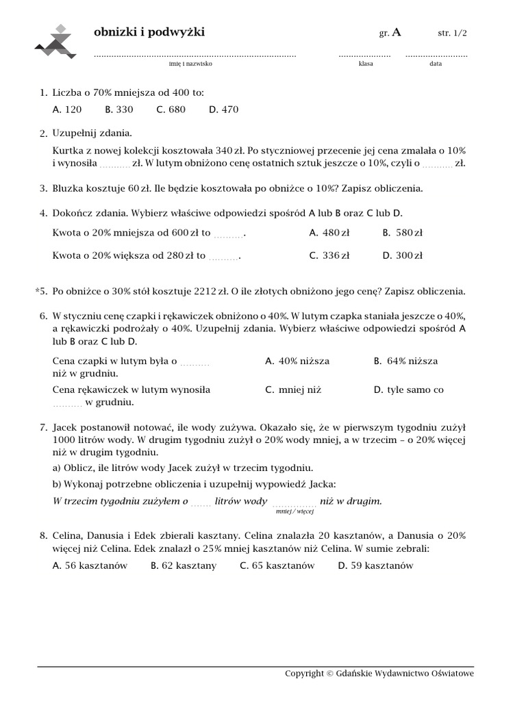 Klasa 6. Procenty Obnizki I Podwyzki | PDF