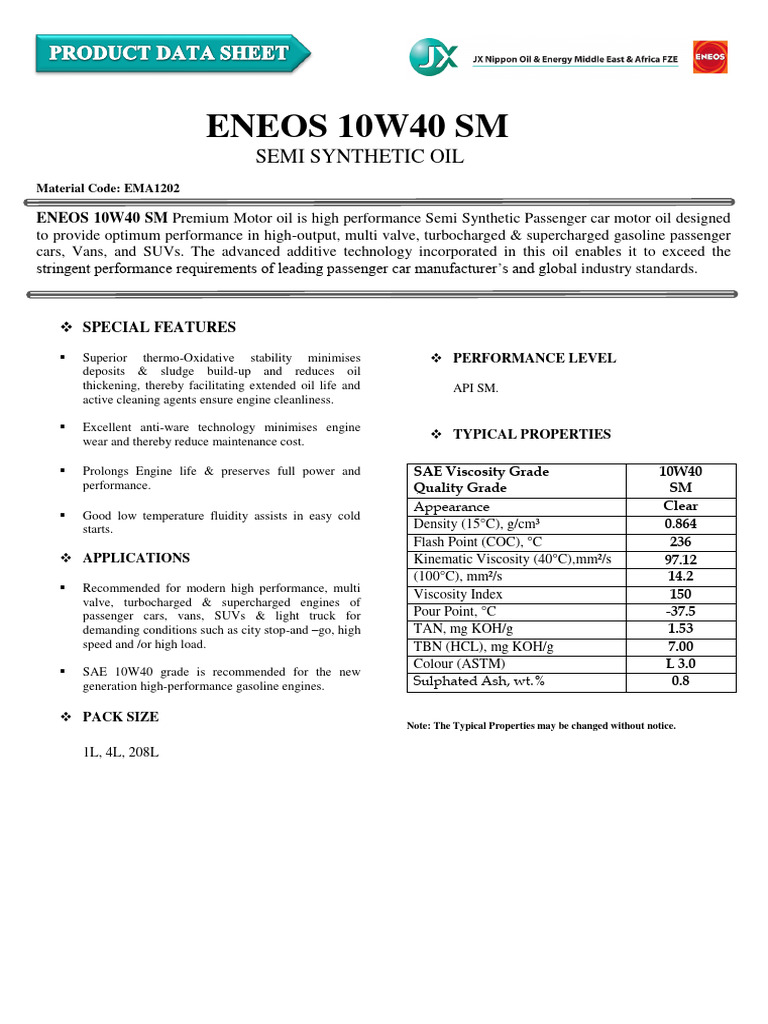 Eneos 10W40 SM PDS | PDF | Motor Oil