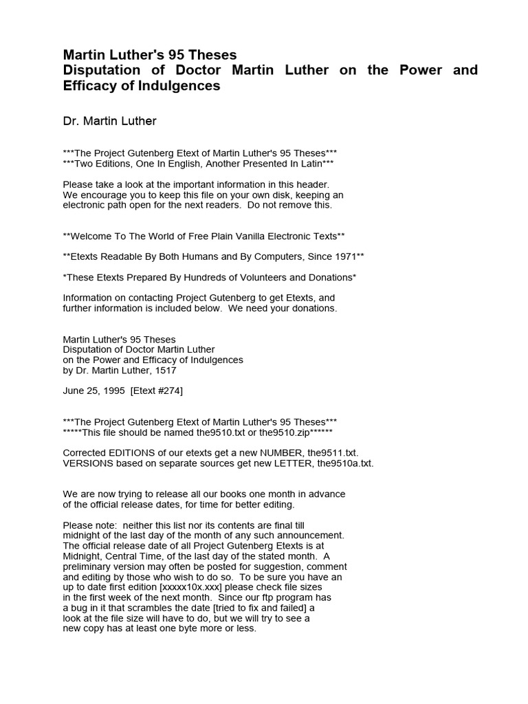 Martin Luther's 95 Theses - Disputation of Doctor Martin Luther On The ...