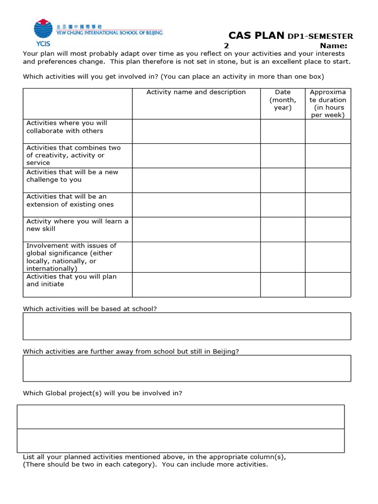 CAS Plan for DP1 Semester Activities | PDF | Art