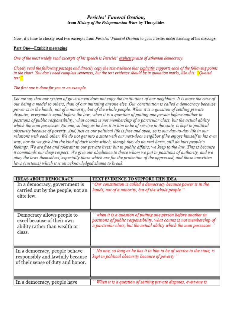 Close Reading Pericles' Funeral Oration | PDF