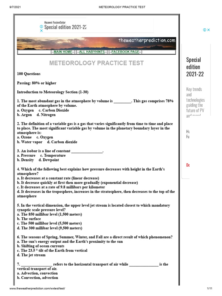 Meteorology Practice Test | PDF | Tropical Cyclones | Thunderstorm