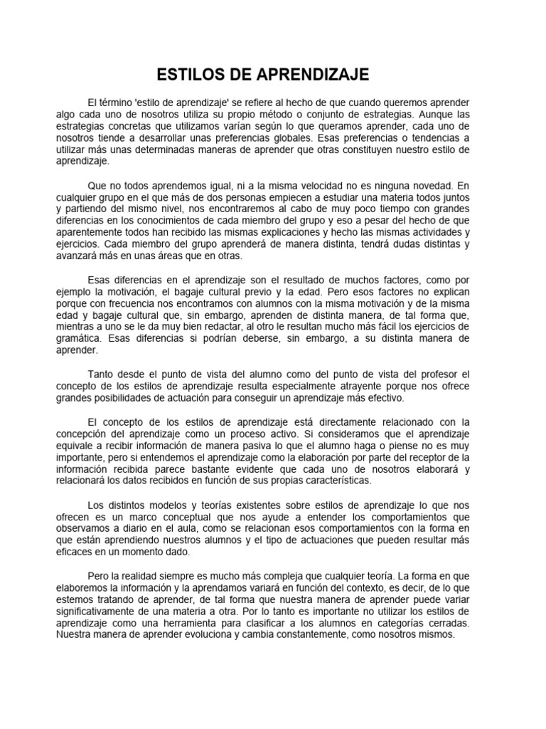 01 Estilos de Aprendizaje Resumen Completo | PDF | Aprendizaje | Inteligencia emocional