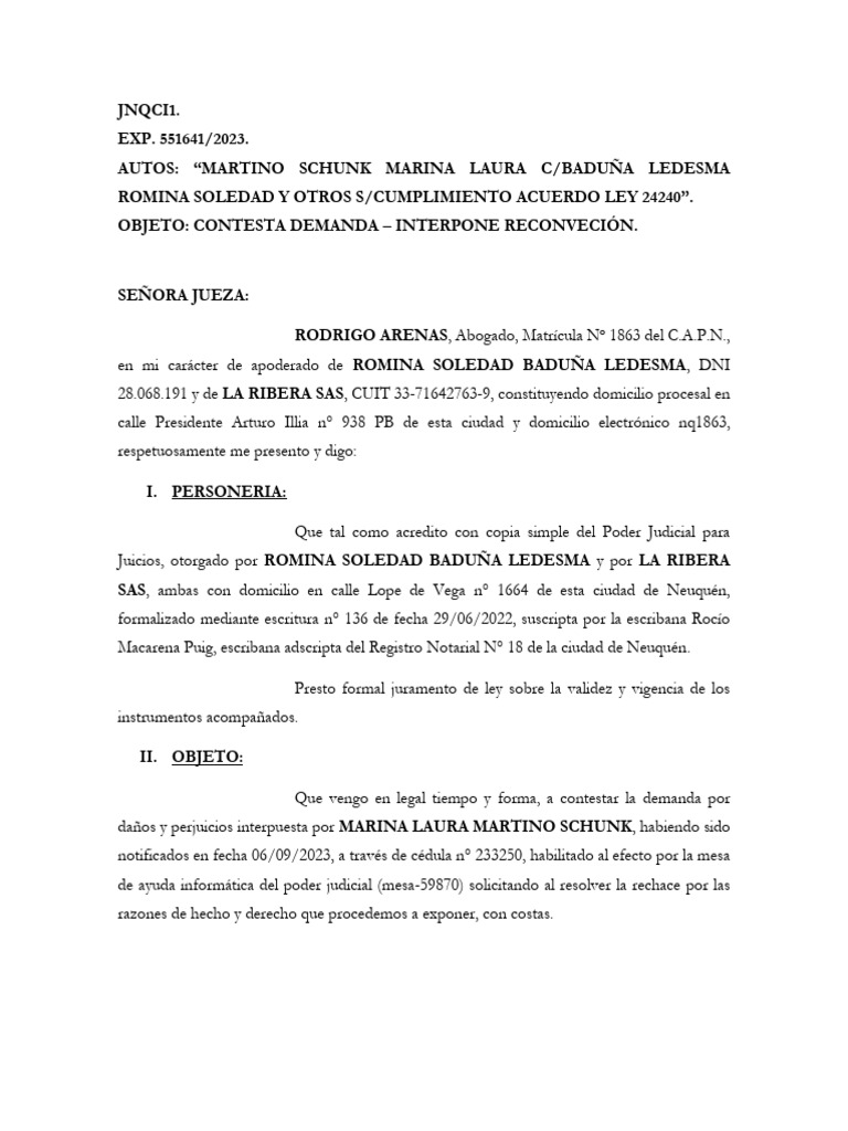 Cotnesta MARTINO SCHUNK MARINA LAURA | PDF | Demanda judicial | Ley común