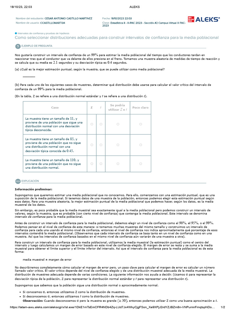 ALEKS | PDF | Intervalo de confianza | Media