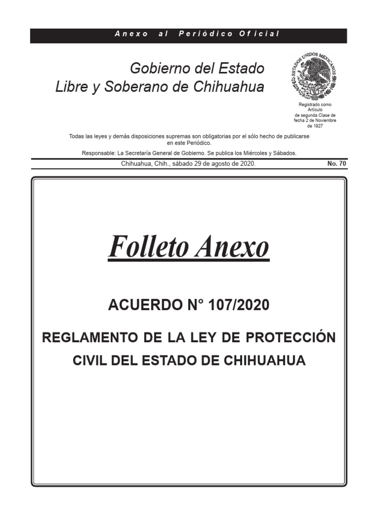 Reglamento de La Ley de Proteccion Civil Del Estado de Chihuahua Actualizada Al 200829 - 0 | PDF ...