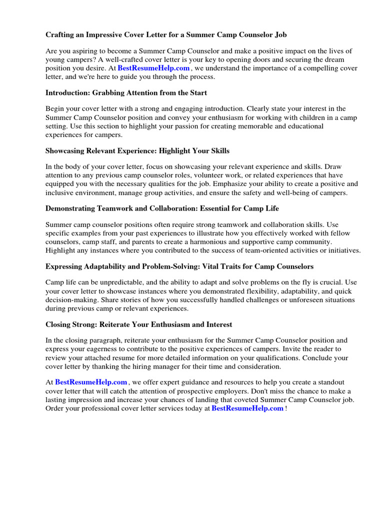Sample Cover Letter For Summer Camp Counselor Job | PDF | Experience | Résumé