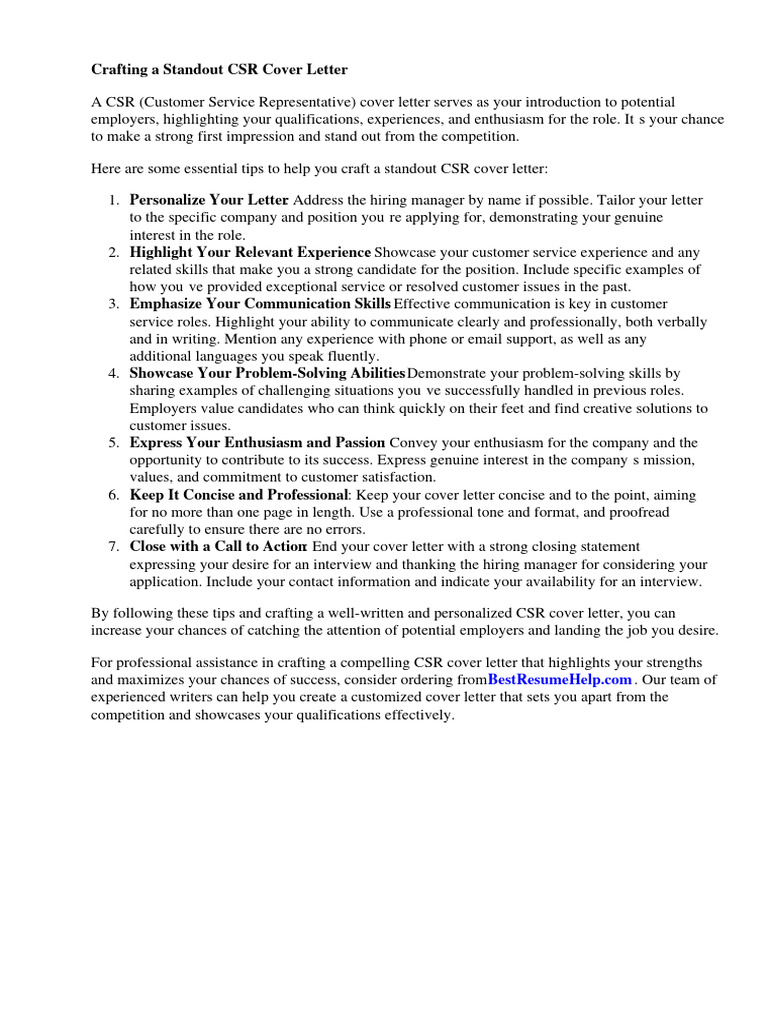 CSR Cover Letter | PDF | Résumé | Job Interview